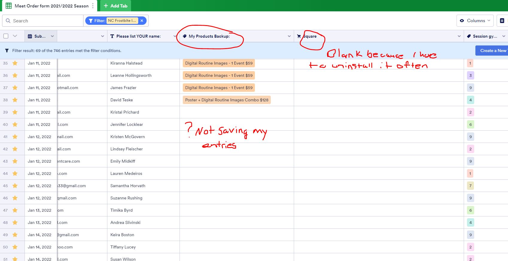 Multiple choice question on order form not saving my data.